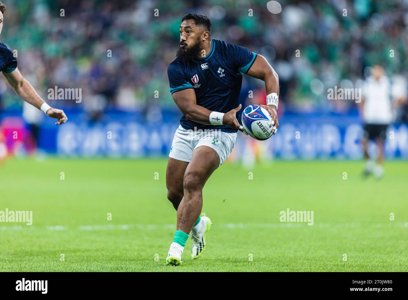Paris, France. 7th October, 2023. Bundee Aki of Ireland warms up before ...
