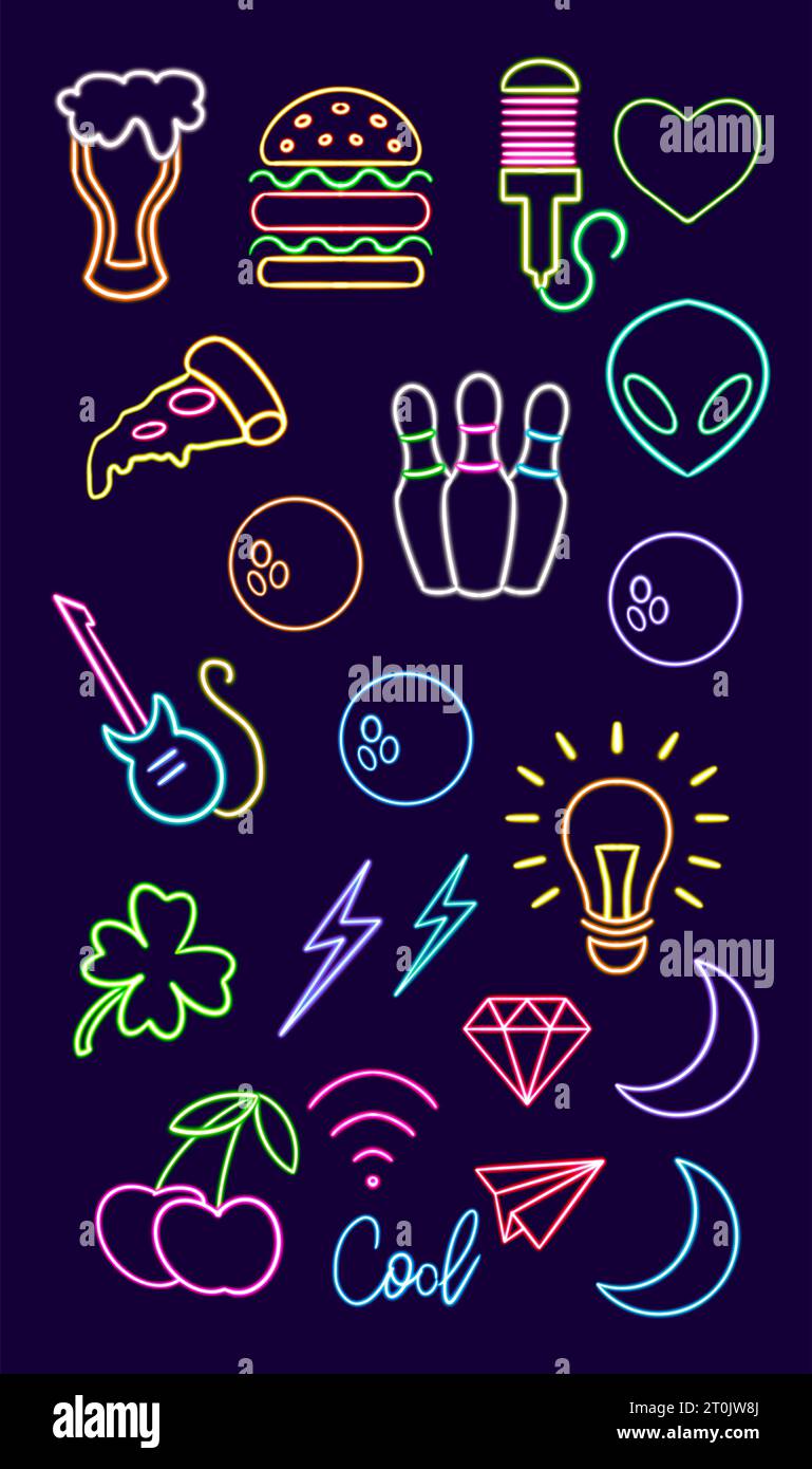big set glowing desktop icon, neon alien and pizza sticker, neon figure ...
