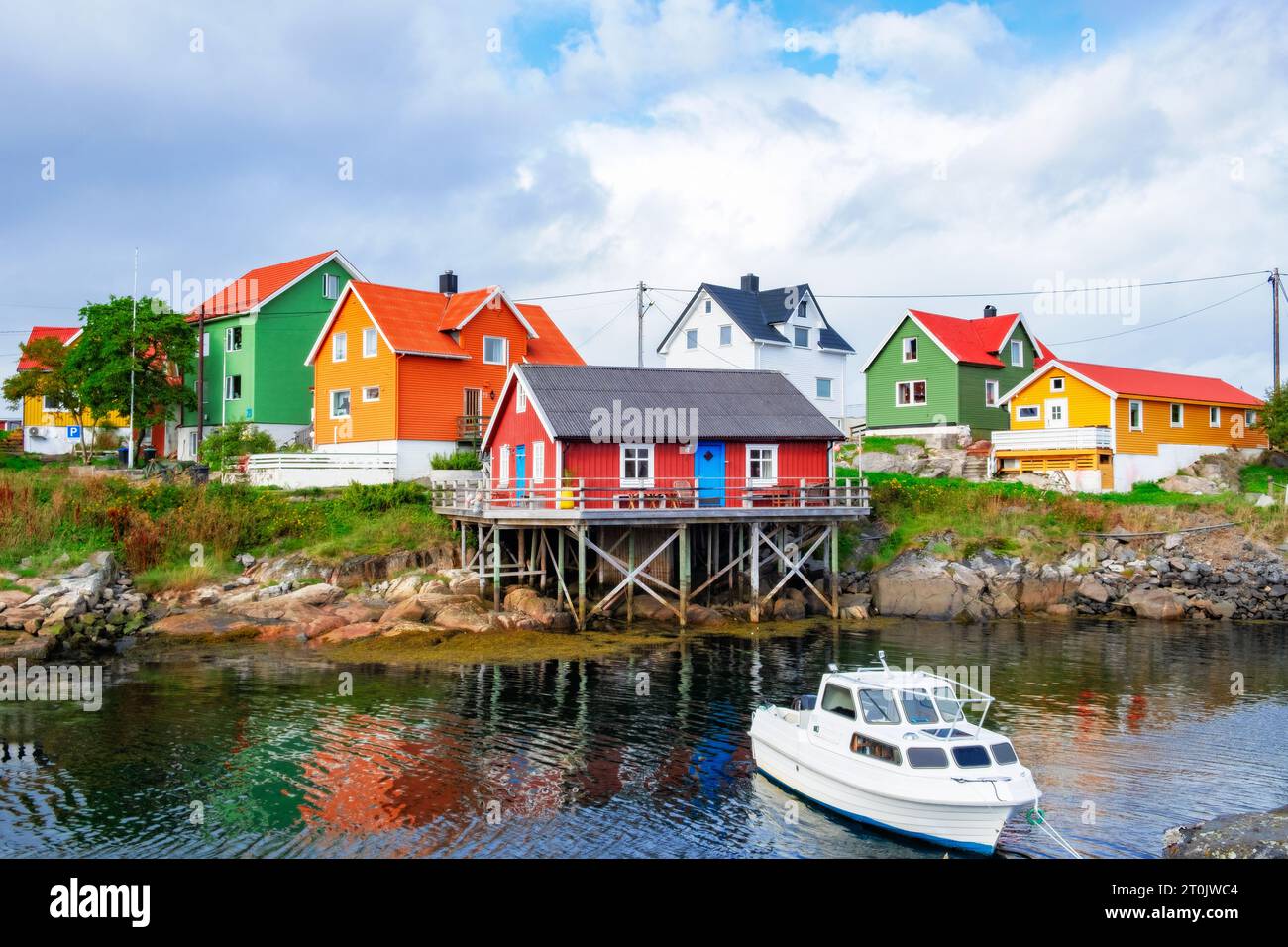 Traditional colorful pile houses at Henningsvaer, which is located at ...