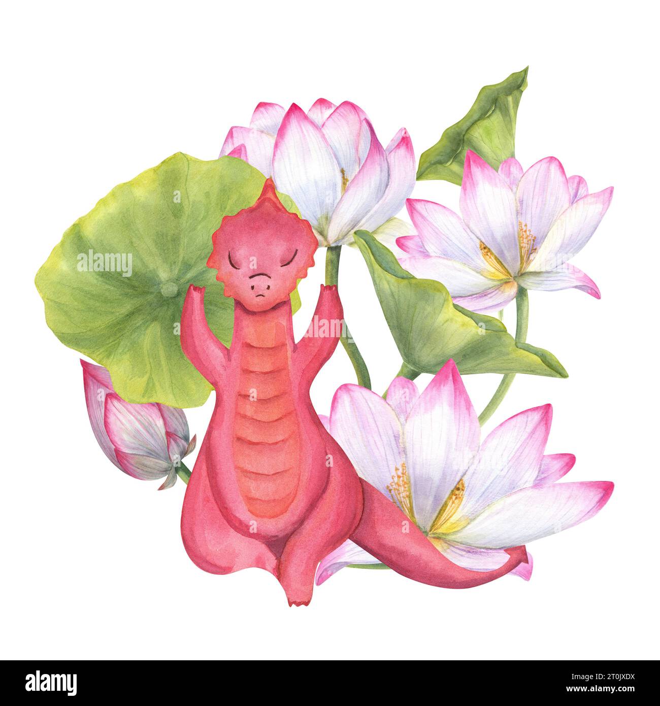 Red dragon meditating among blooming water lilies. Animal practicing ...