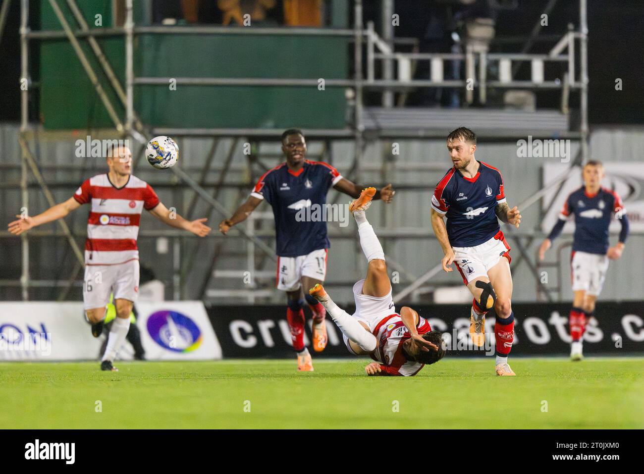 Falkirk, Scotland. 07 October 2023. Leon McCann (3 - Falkirk) gives ...