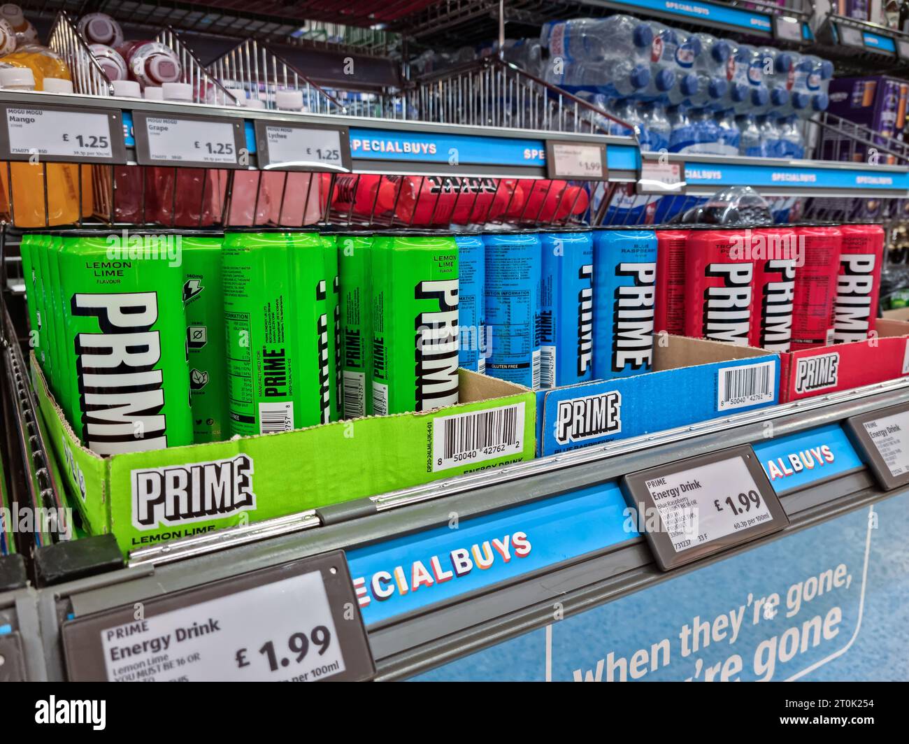 Exeter, UK - 07 October 2023: Prime energy drink for sale at Aldi Stock ...