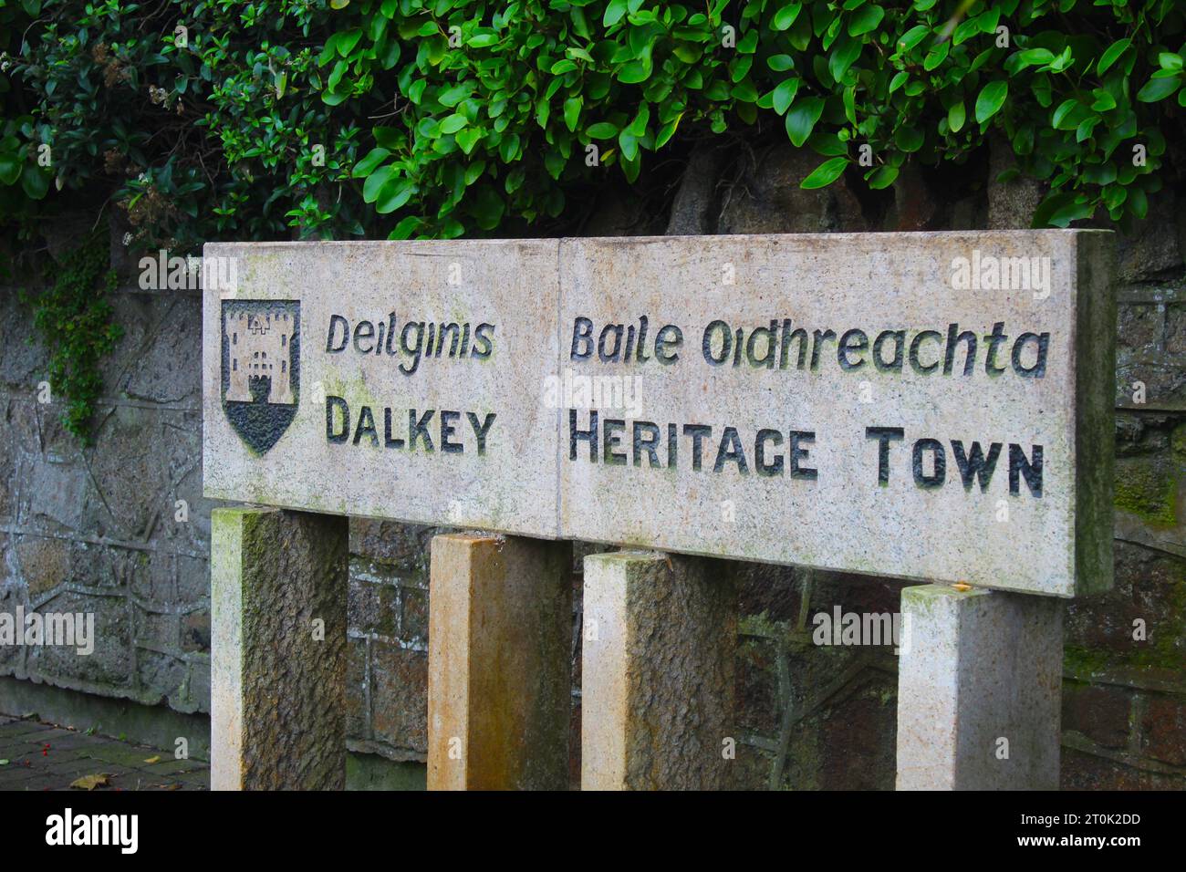 A photo of a stone Dalkey Heritage Town sign Stock Photo - Alamy