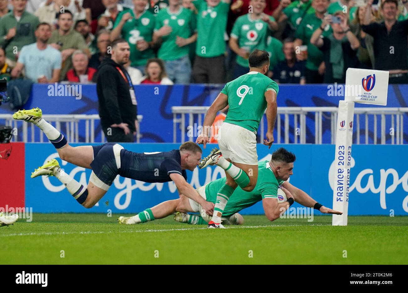 Ireland's Dan Sheehan scores their side's fifth try during the Rugby ...