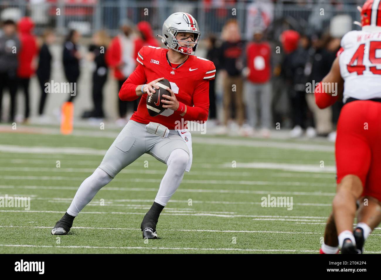 Ohio State quarterback Kyle McCord drops back to pass against Maryland ...