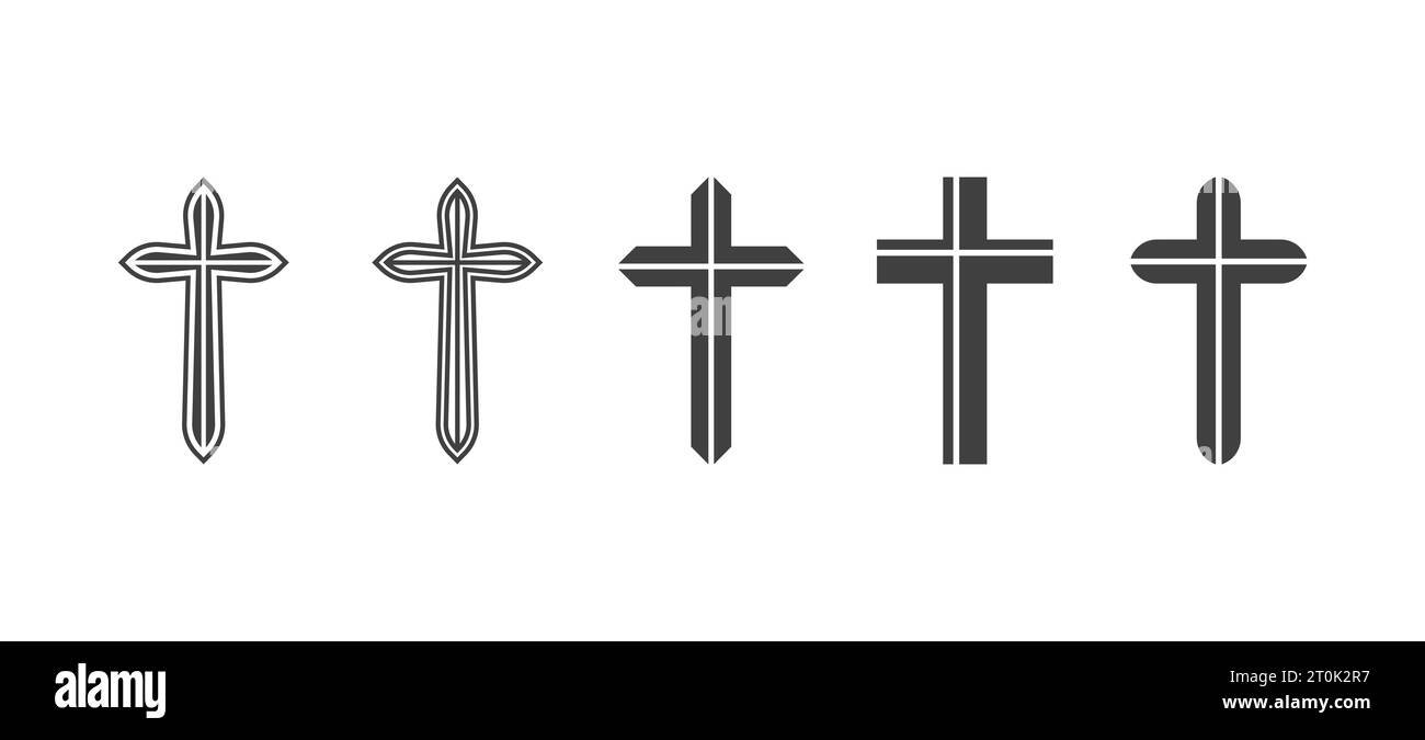 Flat Vector Black Christian Cross Icons Set Isolated on a White Background. Line Silhouette Cut ...