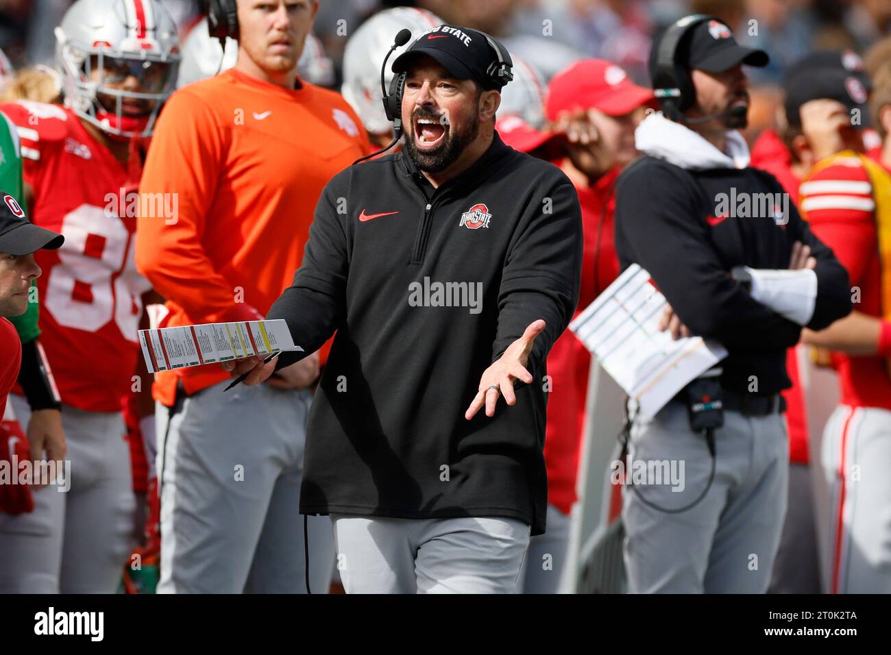 Ohio State head coach Ryan Day questions a referee's call during the ...