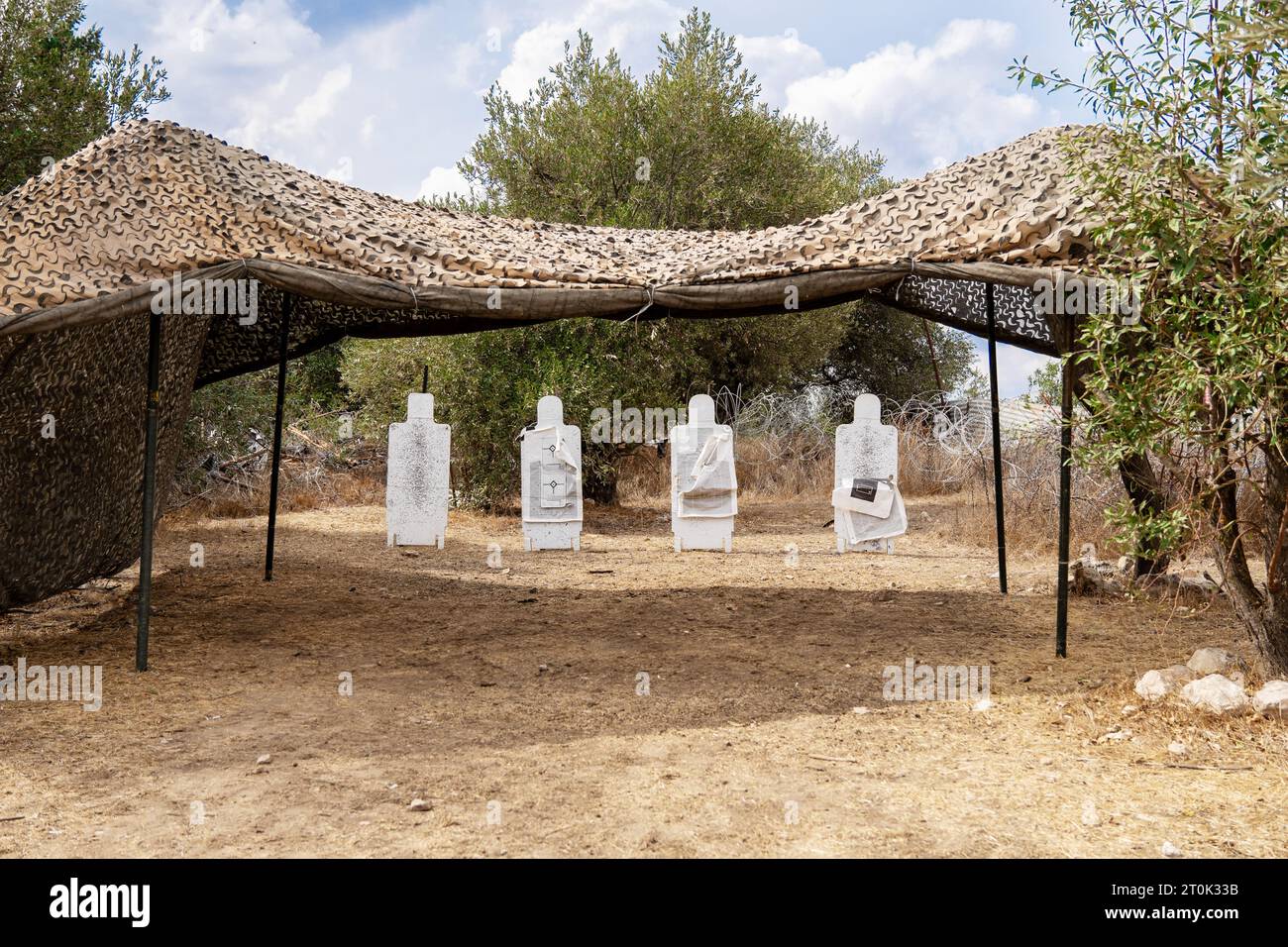 Field military shooting range with targets and shelter outdoors in ...