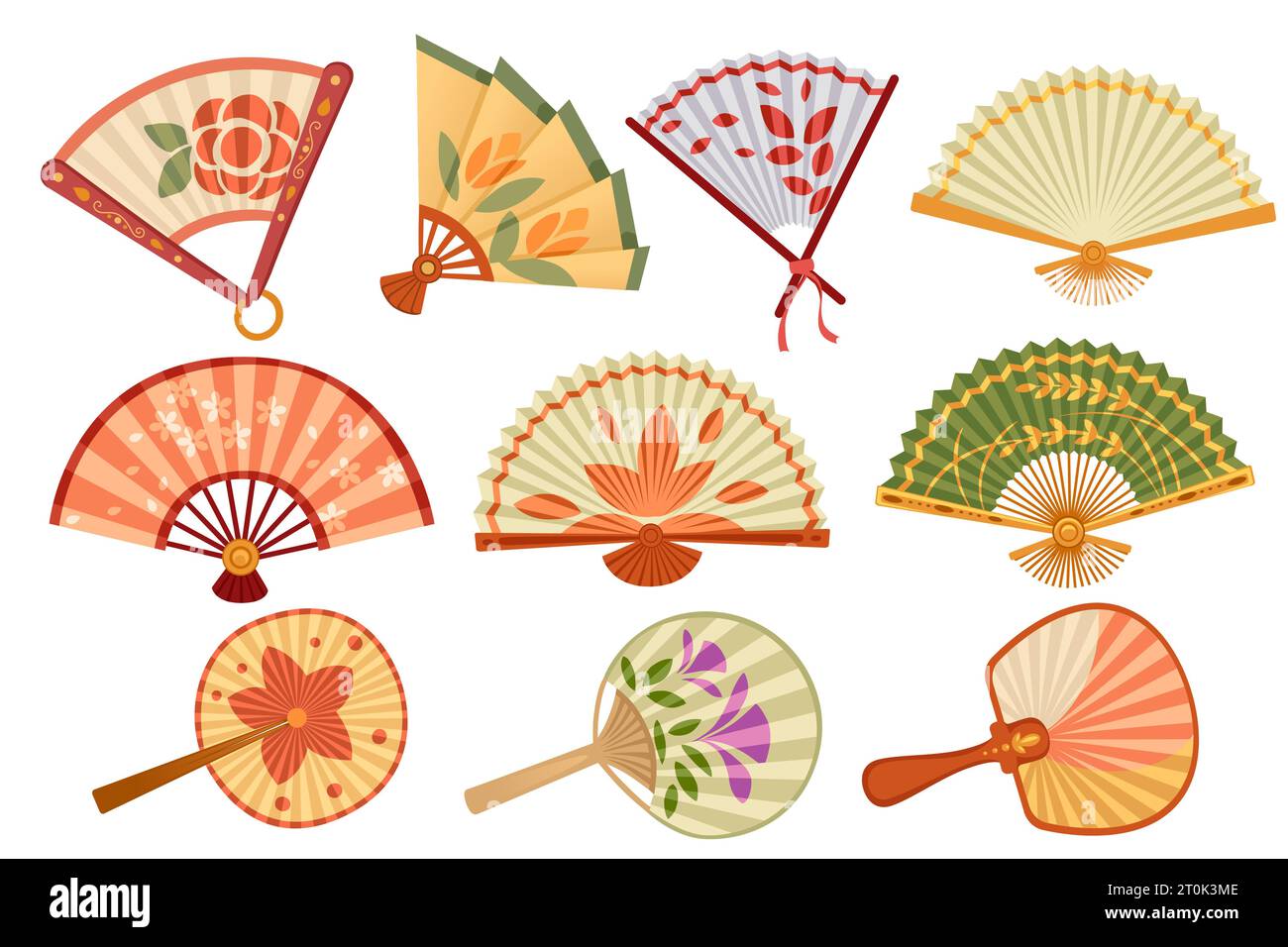Set of classic asian style wooden hand fan with colorful drawing ...