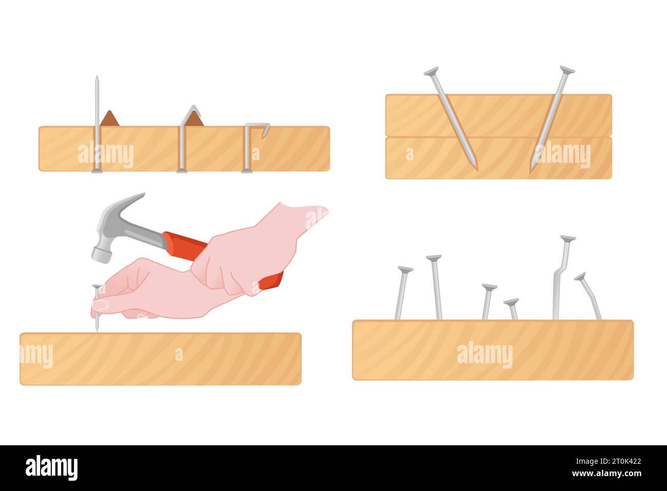 Set of Steel nails in wooden plank vector illustration isolated on ...