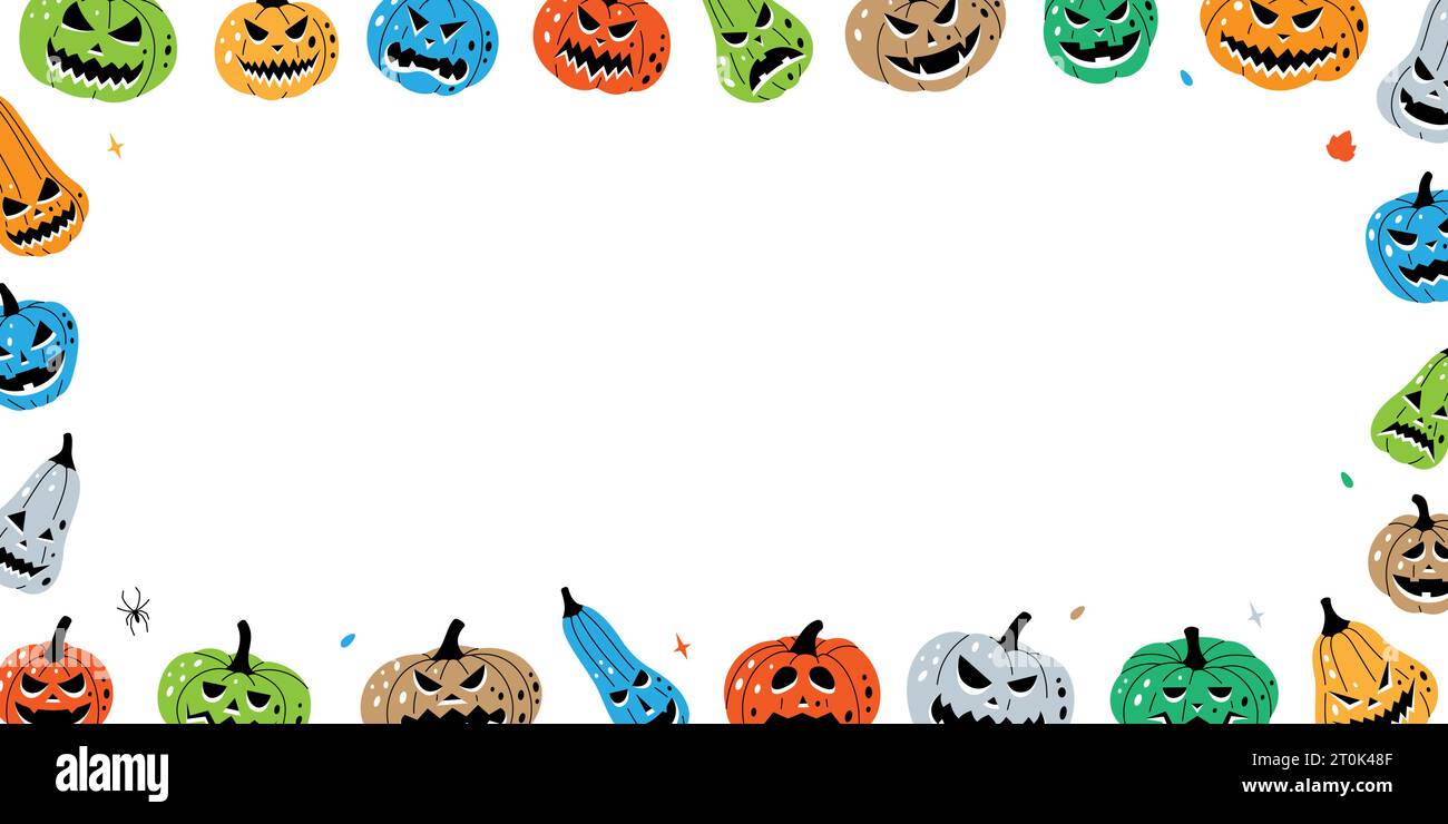 Pumpkins with scary faces in horizontal banner. Halloween pumpkins ...
