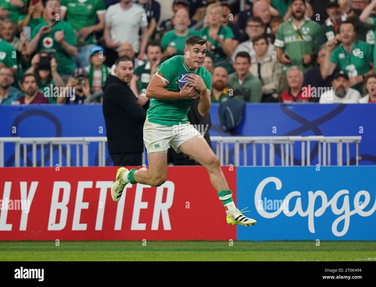 Ireland's Garry Ringrose catches the ball before going on to score ...
