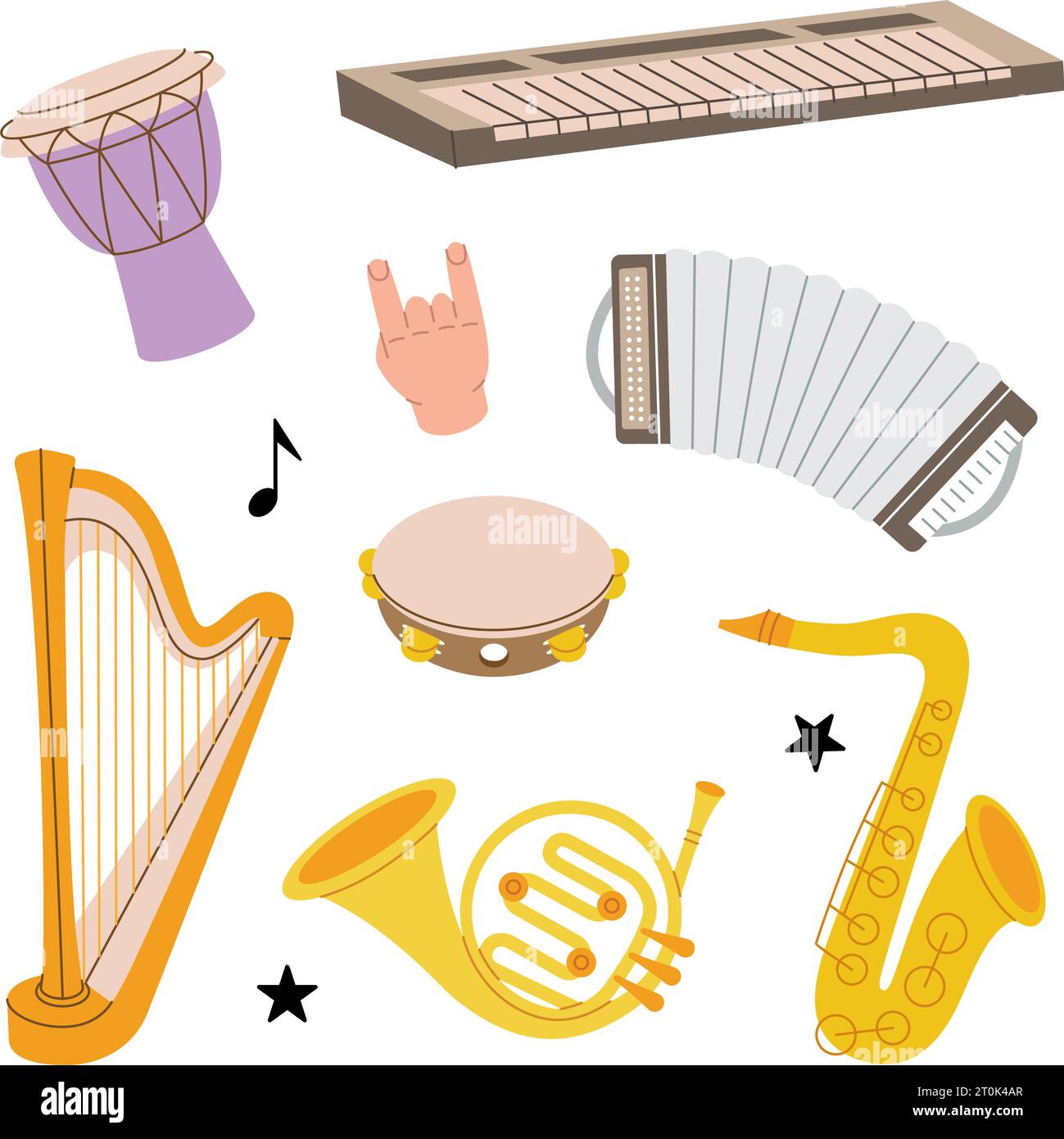 Musical instruments. Djembe drum, bongo, congo, synthesizer piano ...