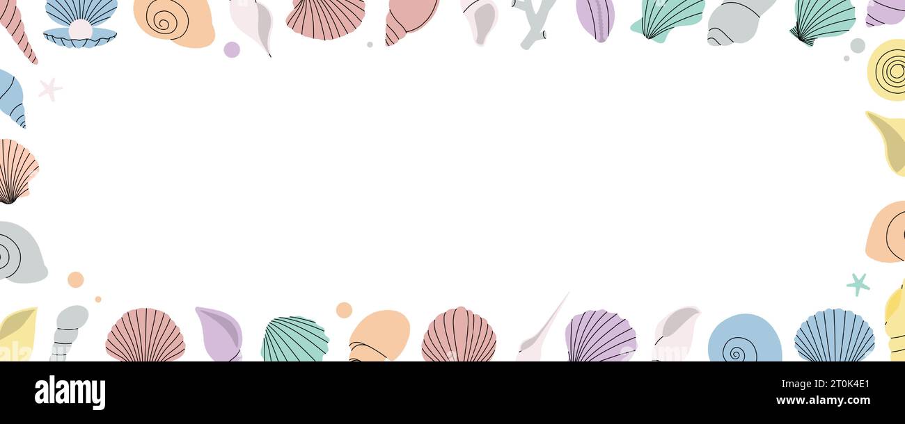 Sea shells in horizontal banner. Tropical underwater shells. Freshwater ...