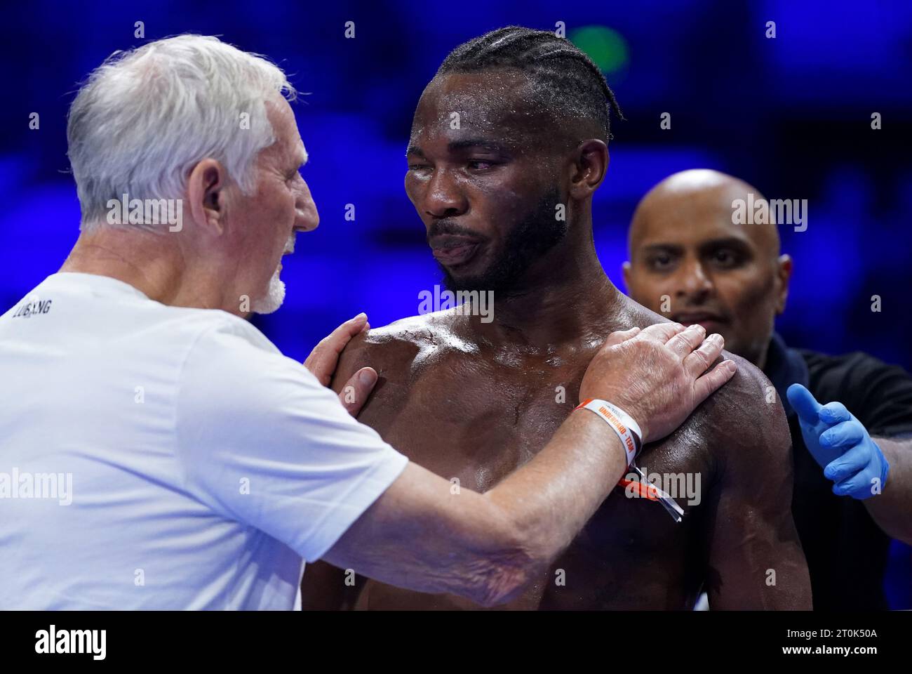 Linus Udofia is consoled following his defeat against Kieron Conway in ...