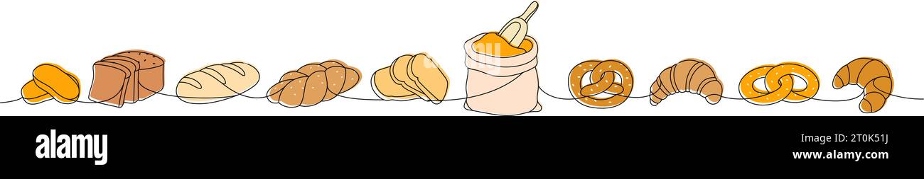 Set of breads one line colored continuous drawing. Whole grain and ...
