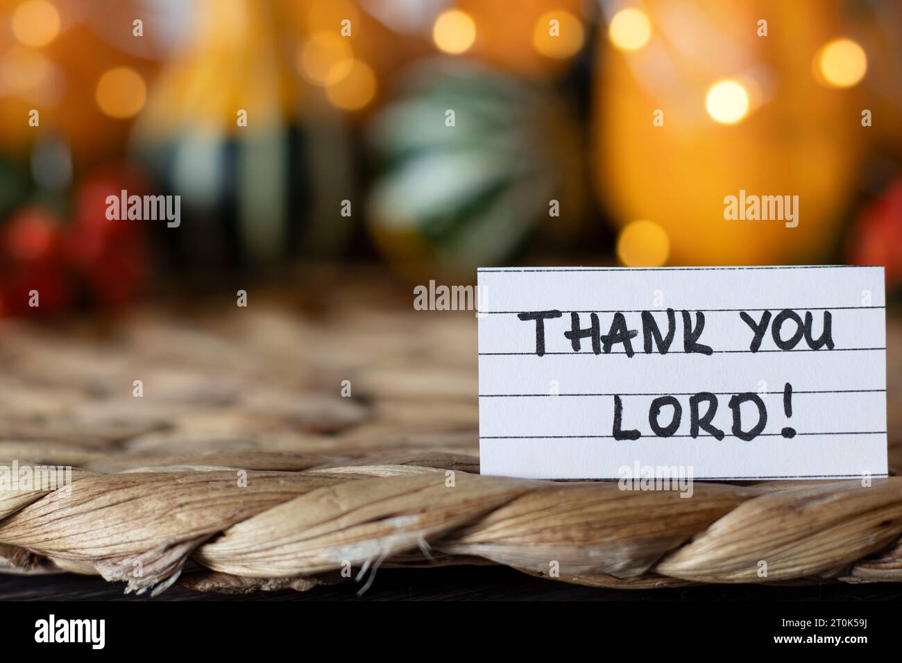 Thank You, LORD, Christian text note with autumn fruit and blurred ...