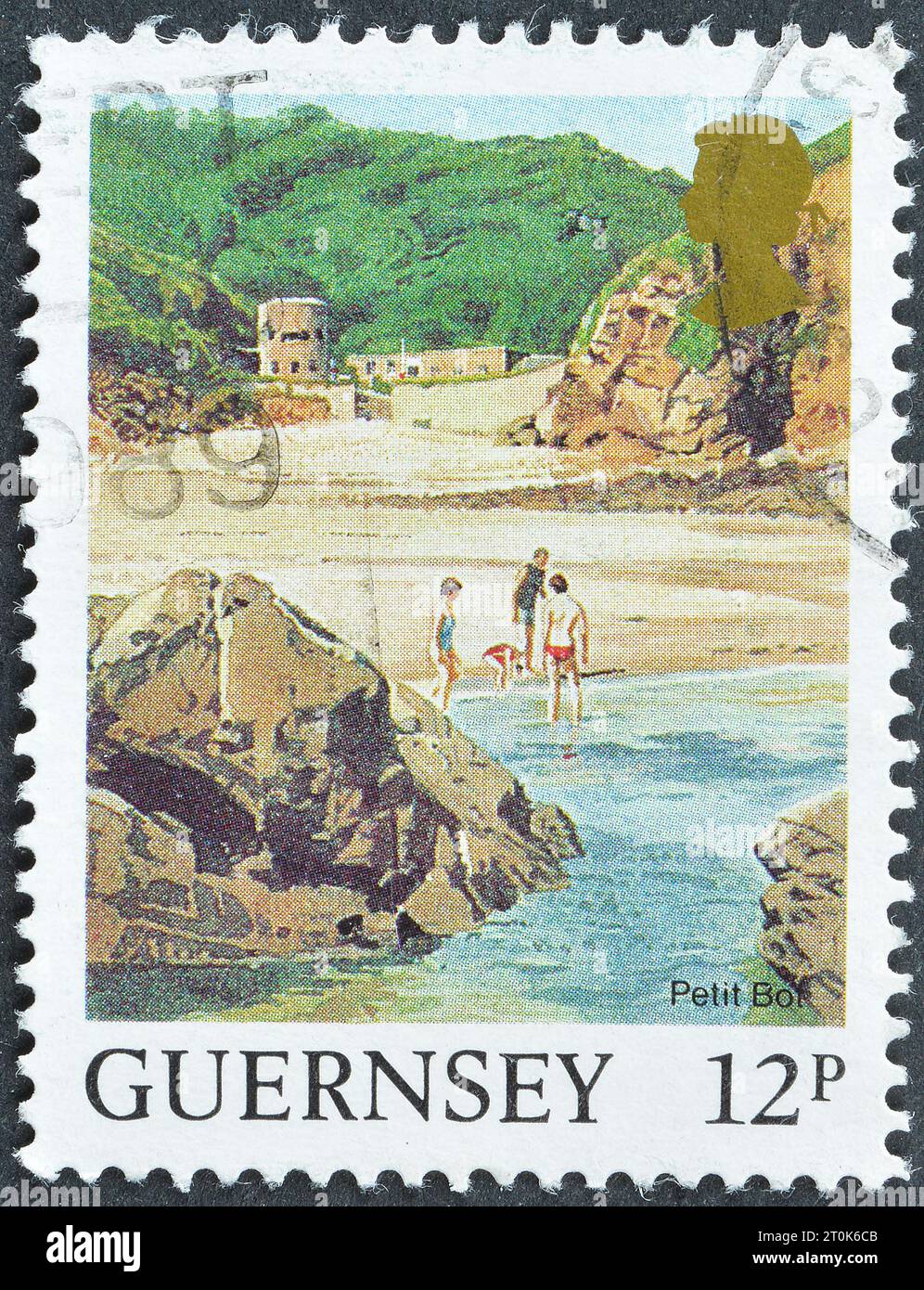 Cancelled postage stamp printed by Guernsey, that shows Petit Bot ...