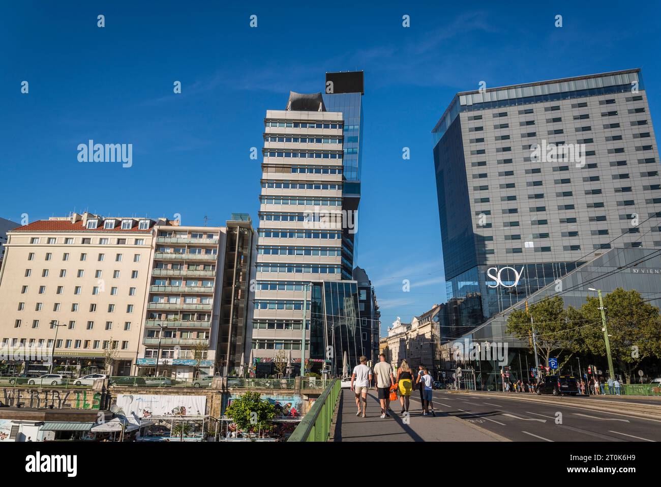 People Augartenbrücke or Augarten bridge crossing the Danube canal ...