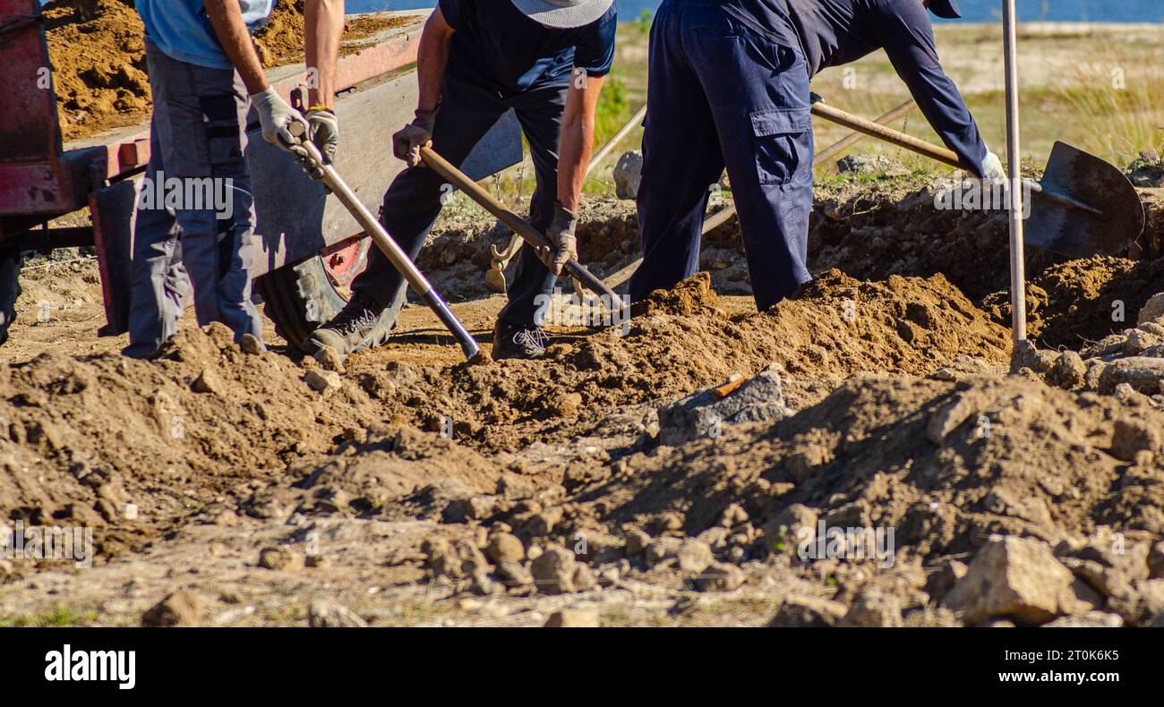 workers moving earth with shovels in an archaeological dig Stock Photo ...