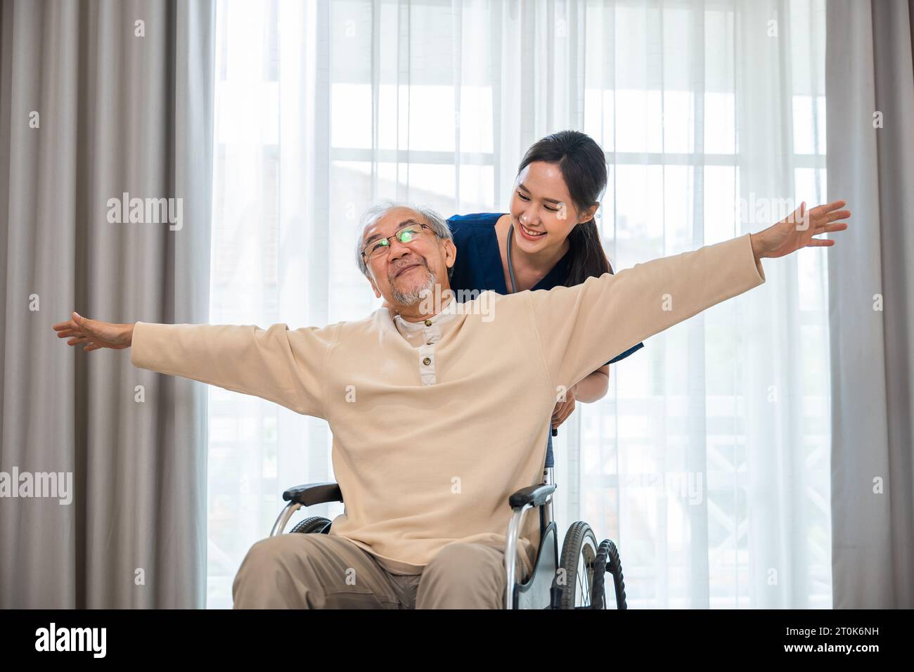 Happy curator person doctor pushing and walk elderly patient freedom ...