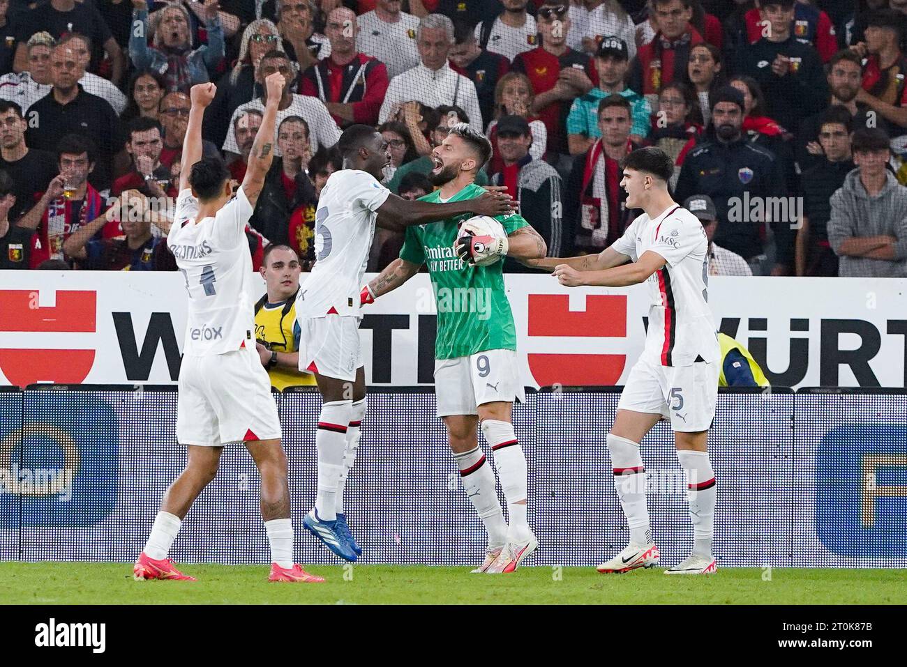 Genoa, Italy. 07th Oct, 2023. Olivier Giroud of AC Milan celebrates the ...