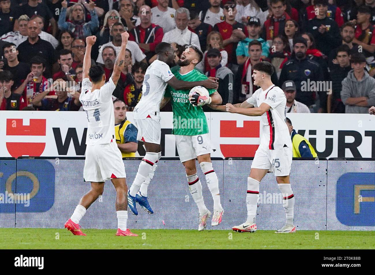 Genoa, Italy. 07th Oct, 2023. Olivier Giroud of AC Milan celebrates the ...
