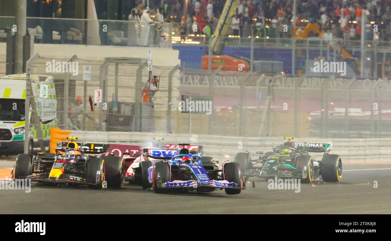 Doha, Qatar. 7th Oct, 2023. Crash between #11 Sergio Perez (MEX, Oracle ...