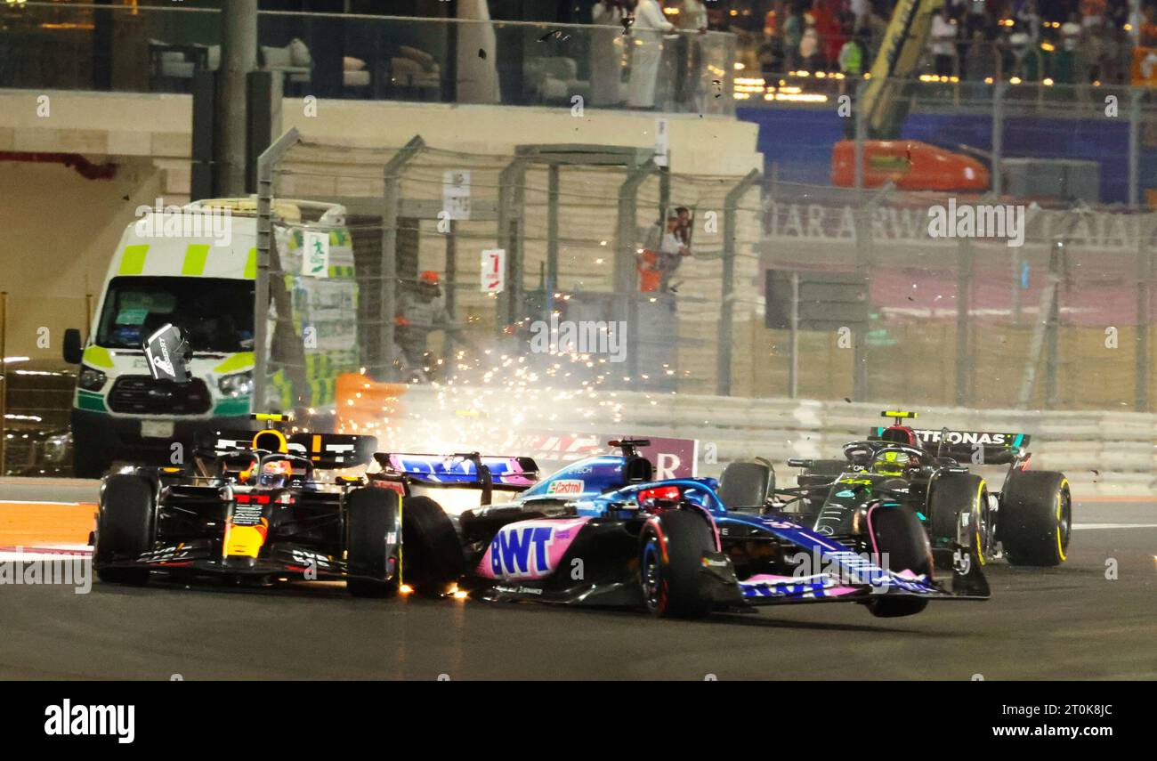 Doha, Qatar. 7th Oct, 2023. Crash between #11 Sergio Perez (MEX, Oracle ...