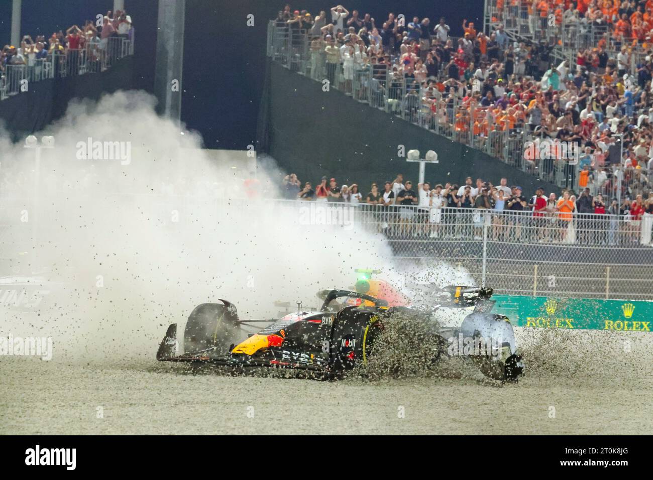 Doha, Qatar. 7th Oct, 2023. Crash between #11 Sergio Perez (MEX, Oracle ...