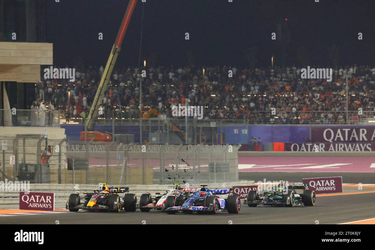 Doha, Qatar. 7th Oct, 2023. Crash between #11 Sergio Perez (MEX, Oracle ...