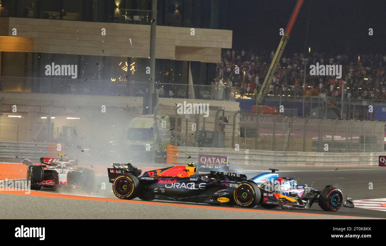 Doha, Qatar. 7th Oct, 2023. Crash between #11 Sergio Perez (MEX, Oracle ...