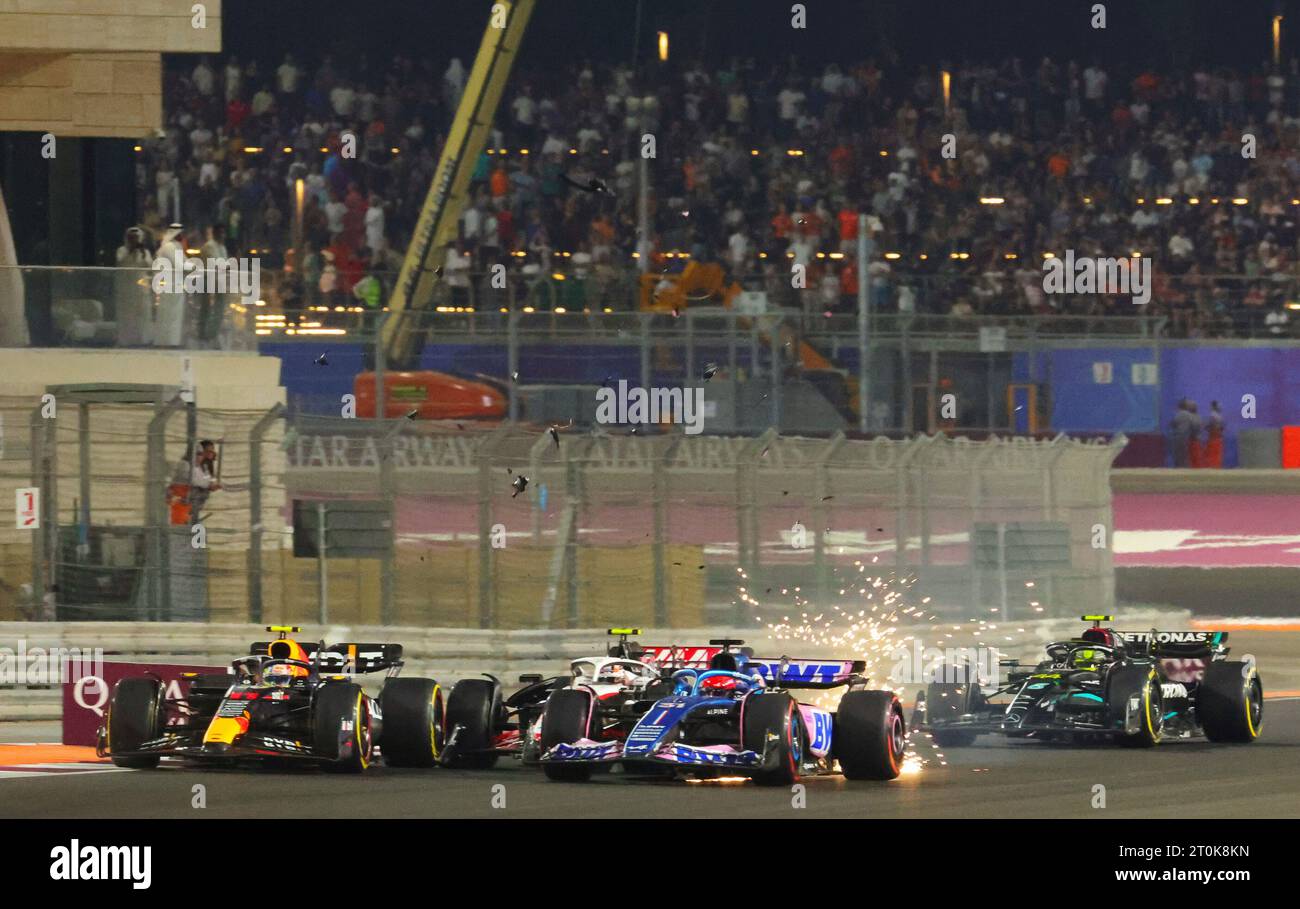 Doha, Qatar. 7th Oct, 2023. Crash between #11 Sergio Perez (MEX, Oracle ...