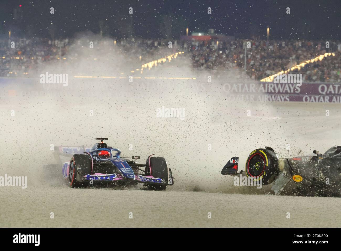 Doha, Qatar. 7th Oct, 2023. Crash between #11 Sergio Perez (MEX, Oracle ...