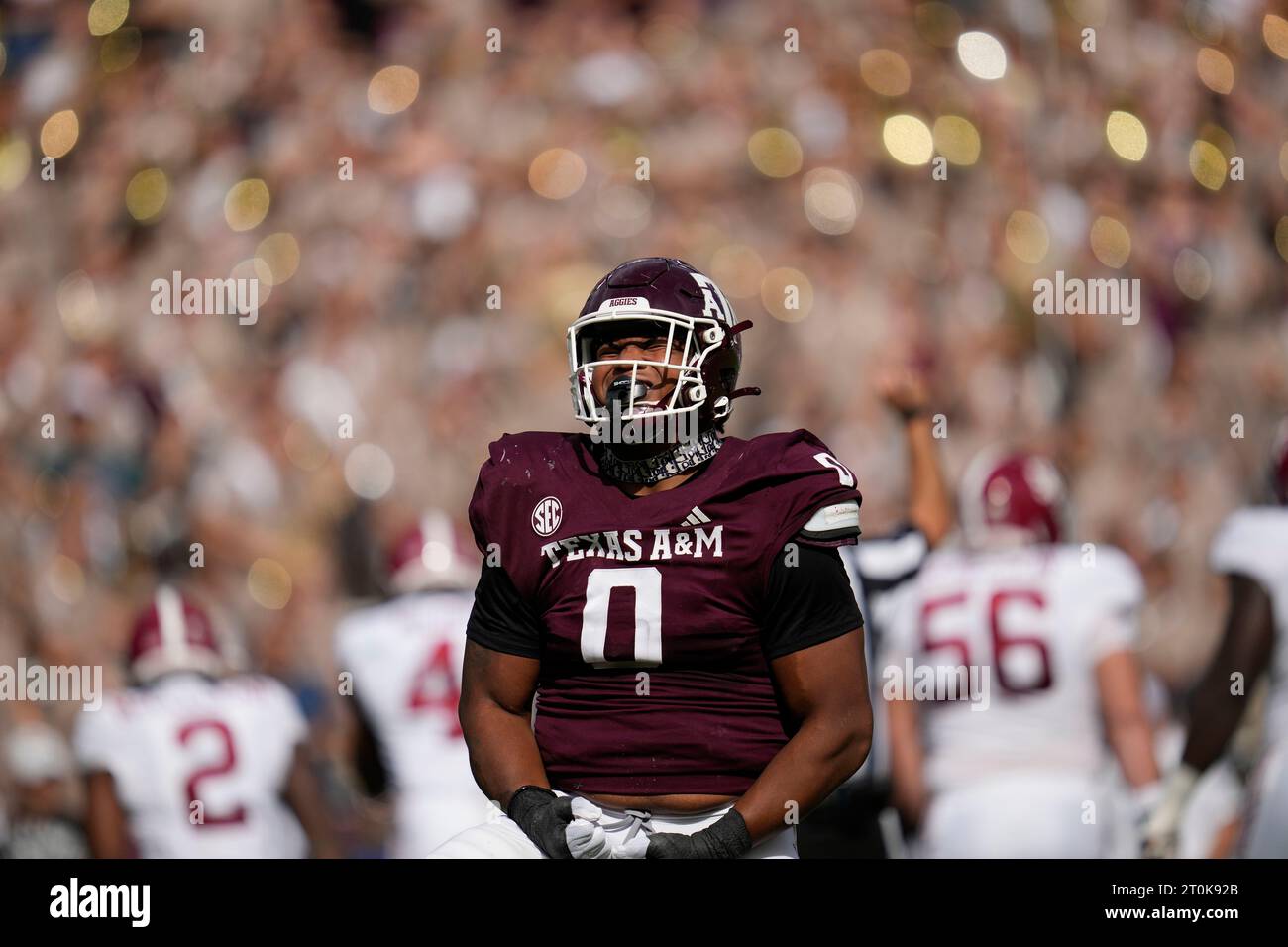 Texas A&M defensive lineman Walter Nolen (0) reacts after sacking ...