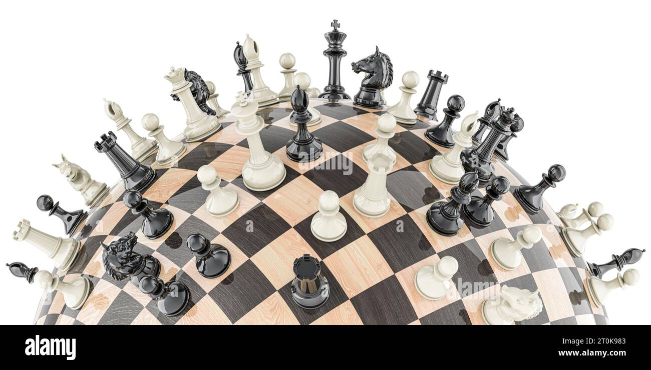 Chess board as checkered sphere with chess pieces. 3D rendering ...