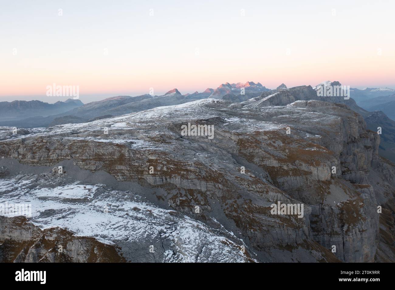 Great view of the alpine valley in fog. Location place National Park ...
