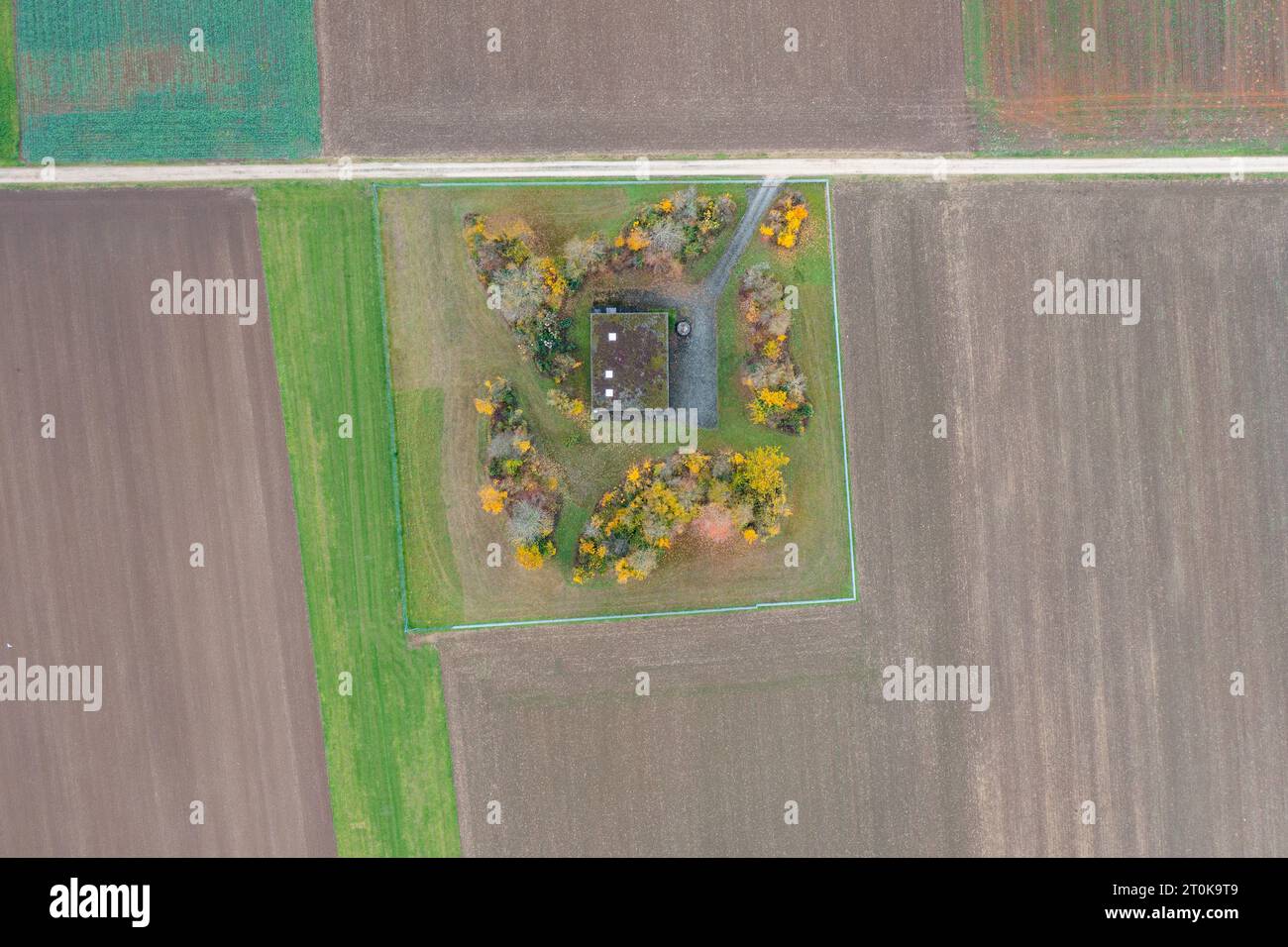 Drone top down view of beautiful shcool football field in autumn ...
