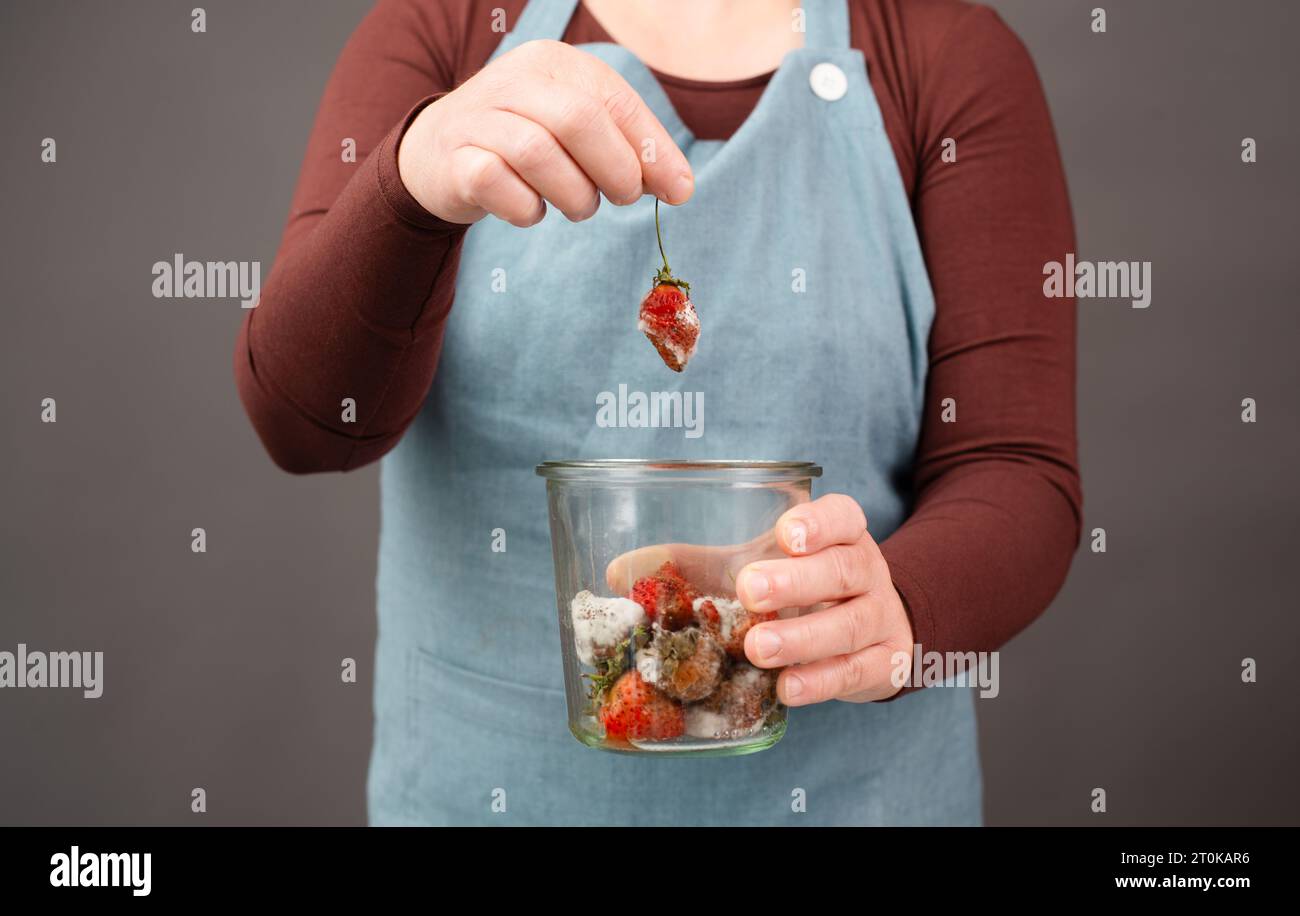 Moldy strawberry fruits with spot fungus in a jar, rotten strawberries ...