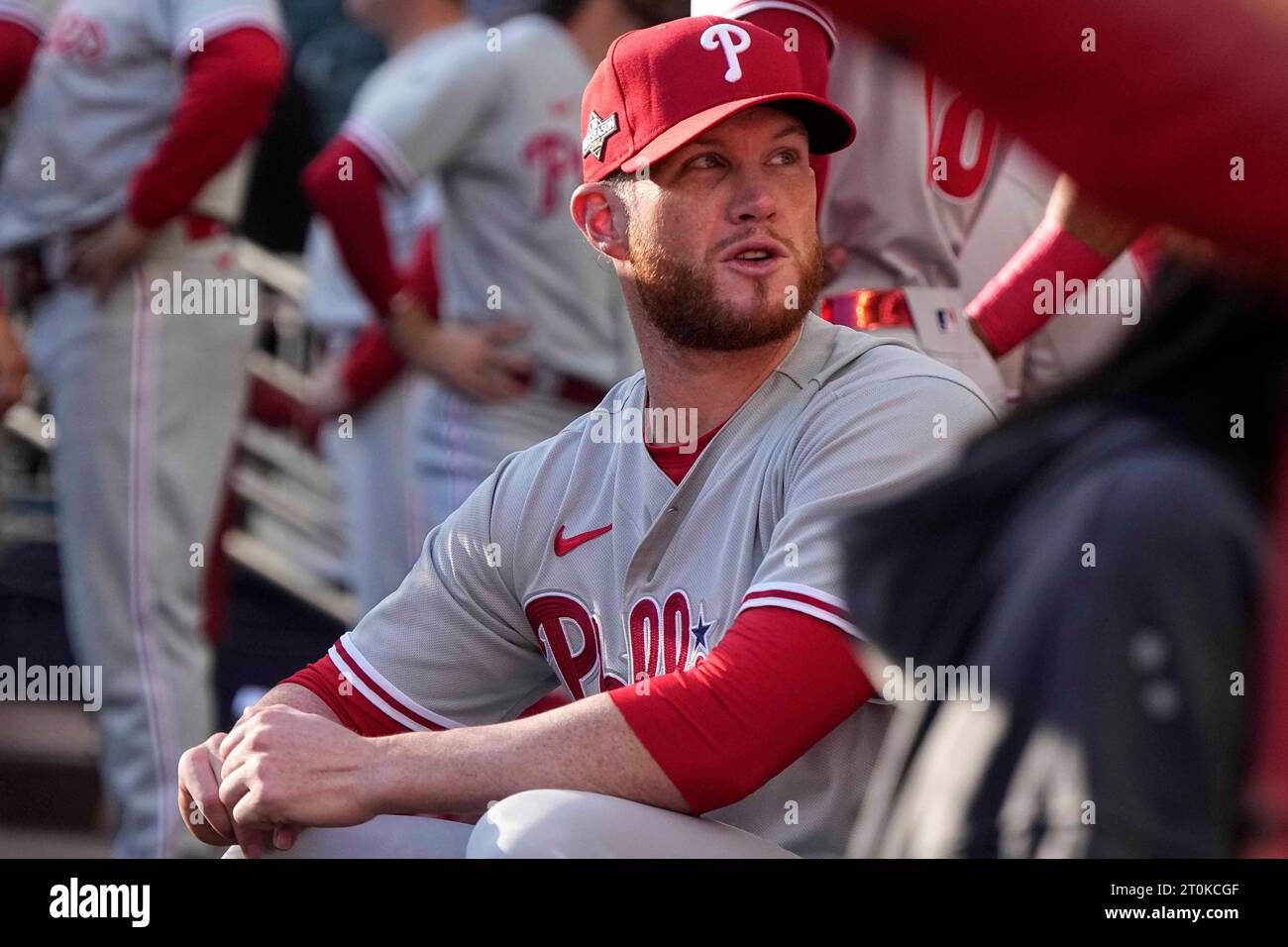 Philadelphia Phillies relief pitcher Craig Kimbrel sits in the dugout ...