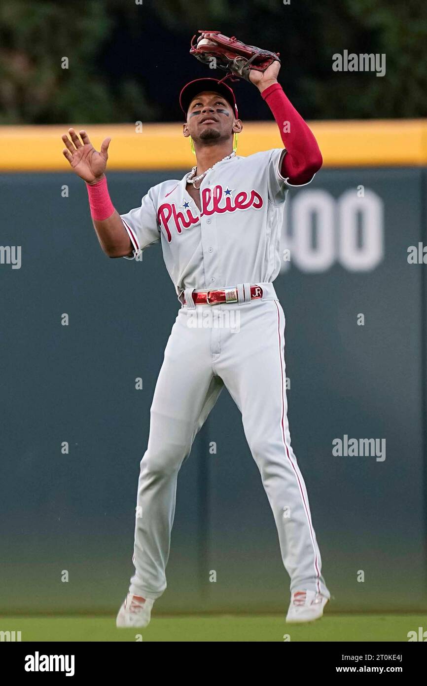 Philadelphia Phillies center fielder Johan Rojas (18) catches a fly ...