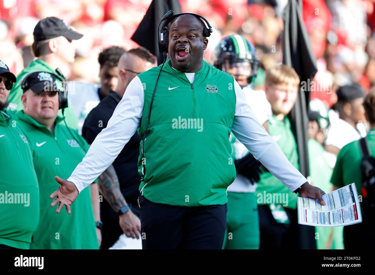 Marshall head coach Charles Huff protests a call during the second half ...