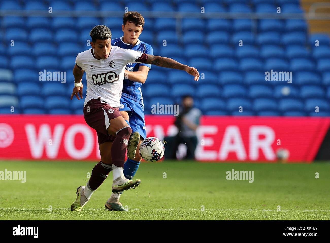 Cardiff, UK. 07th Oct, 2023. Perry NG of Cardiff city (in blue) and ...