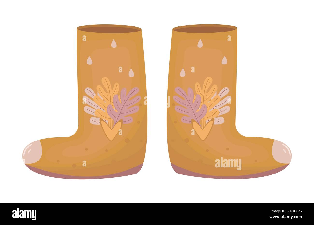 Orange autumn rubber boots, ginger fall shoes with leaves, color vector ...