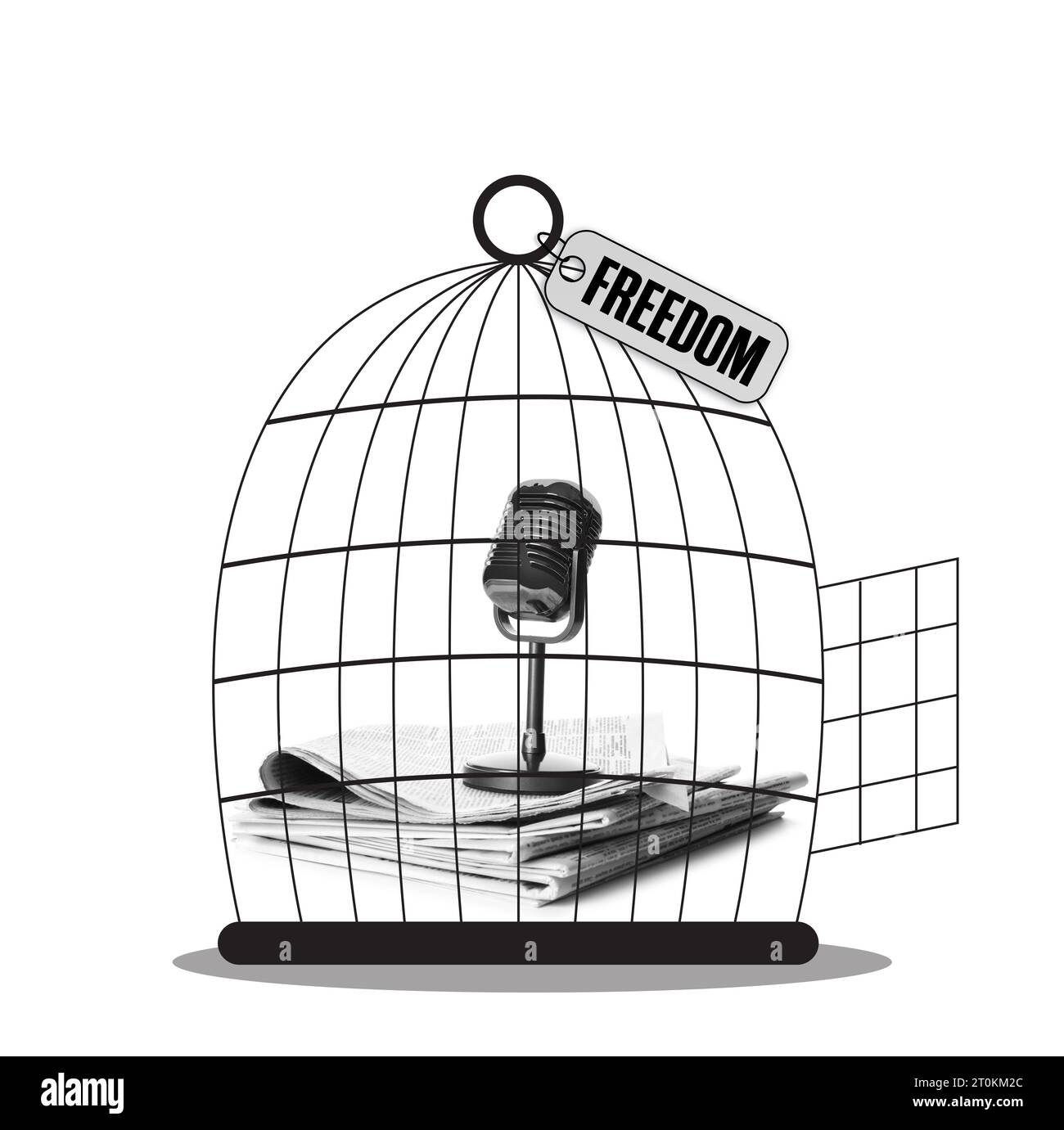 Freedom of speech. Newspapers and microphone in cage on white ...