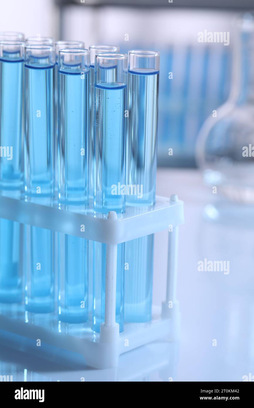 Test tubes with reagents in rack on table, closeup. Laboratory analysis ...