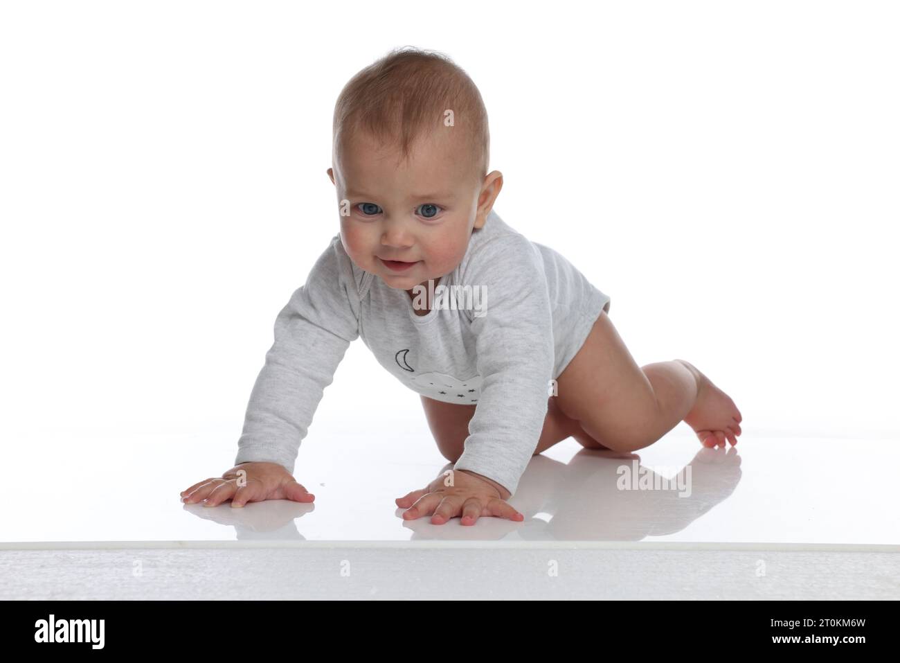 Cute little baby crawling on white background Stock Photo - Alamy