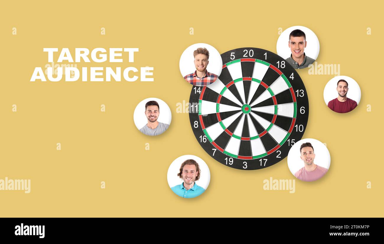 Target audience. Dartboard surrounded by photos of potential clients on ...