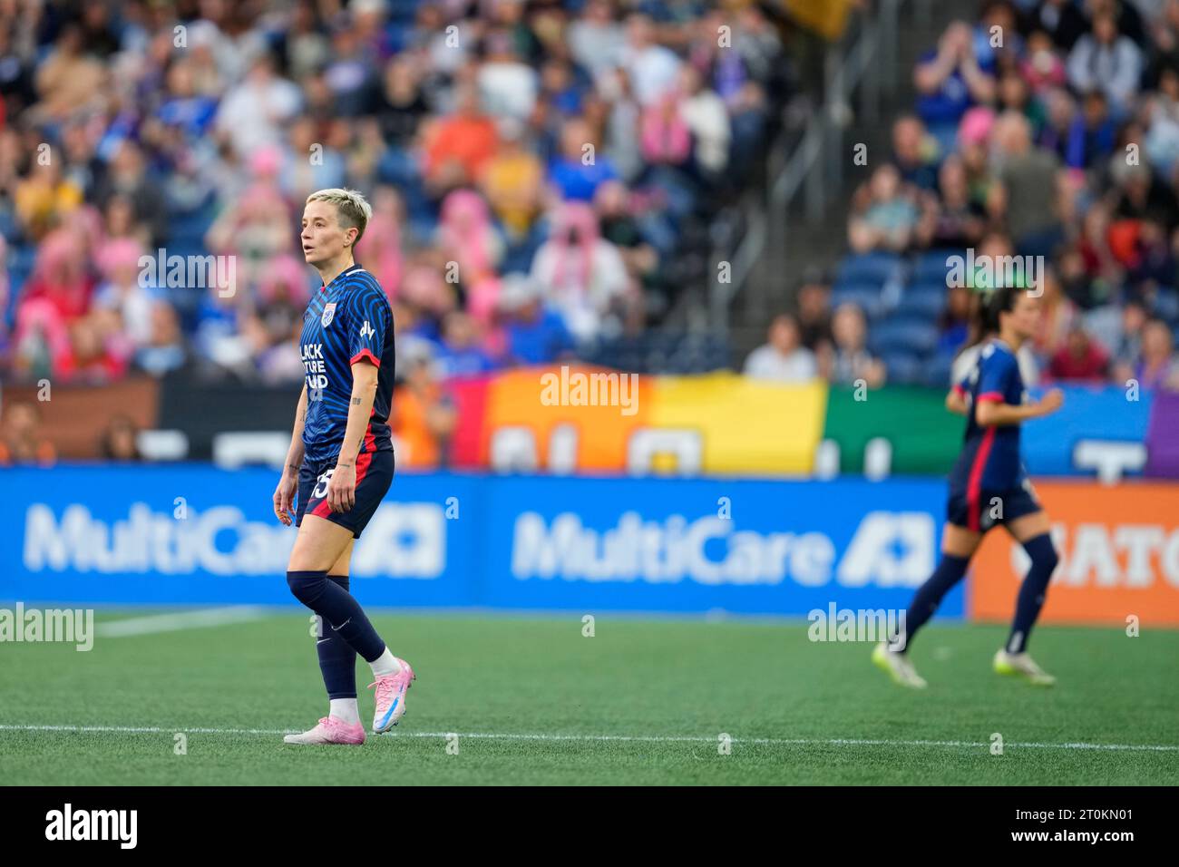 OL Reign forward Megan Rapinoe walks on the field during the first half ...