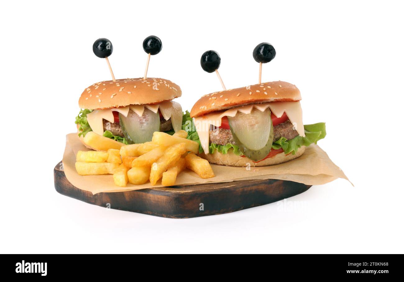 Cute monster burgers served with french fries isolated on white ...